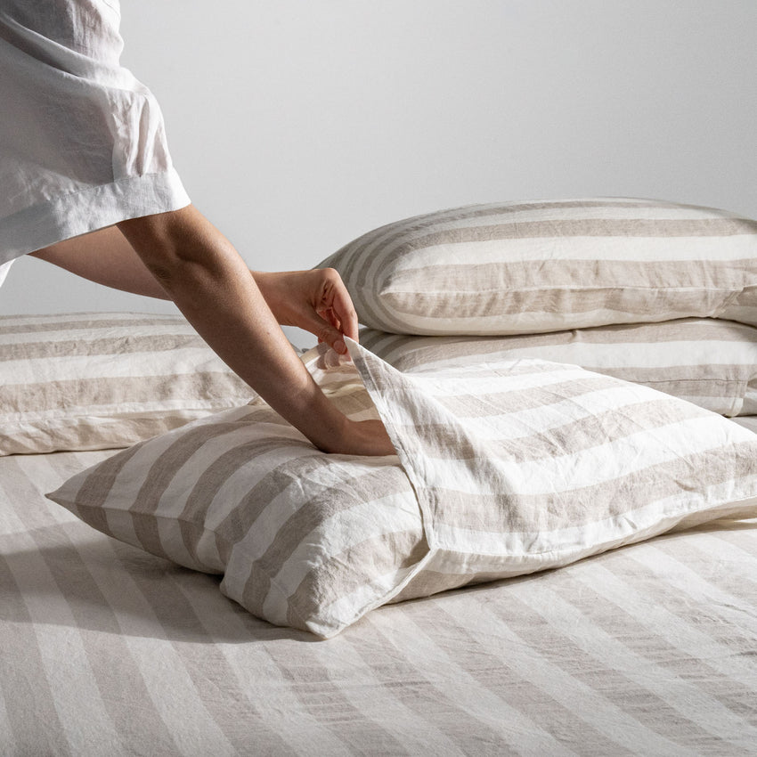 French Flax Linen Pillowcase Set in Natural Thick Stripe – I Love Linen