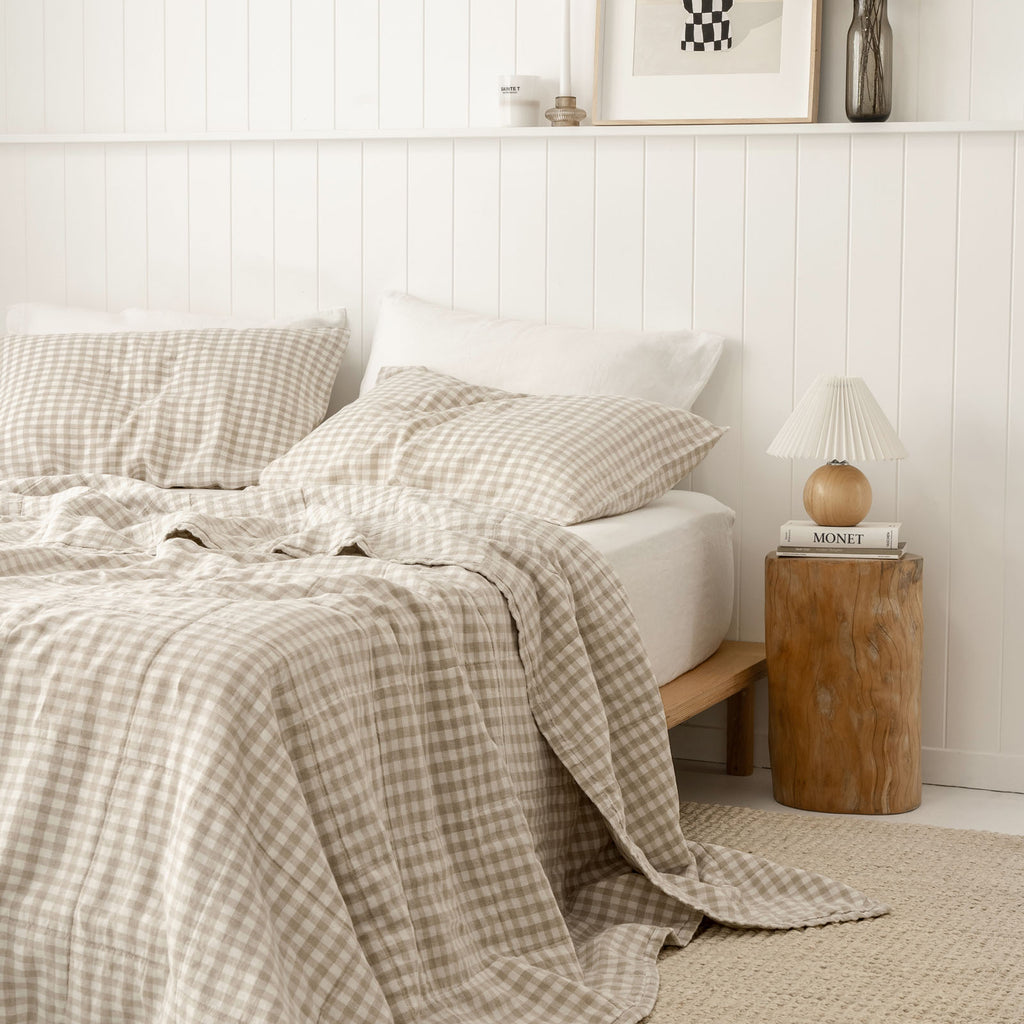French Flax Linen Queen/King Quilted Coverlet in Beige Gingham – I Love ...