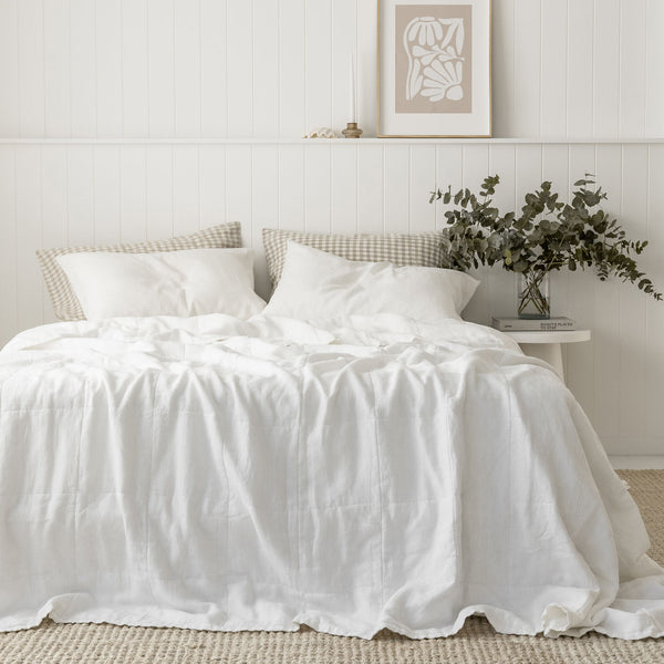 French Flax Linen Queen/King Quilted Coverlet in White – I Love Linen