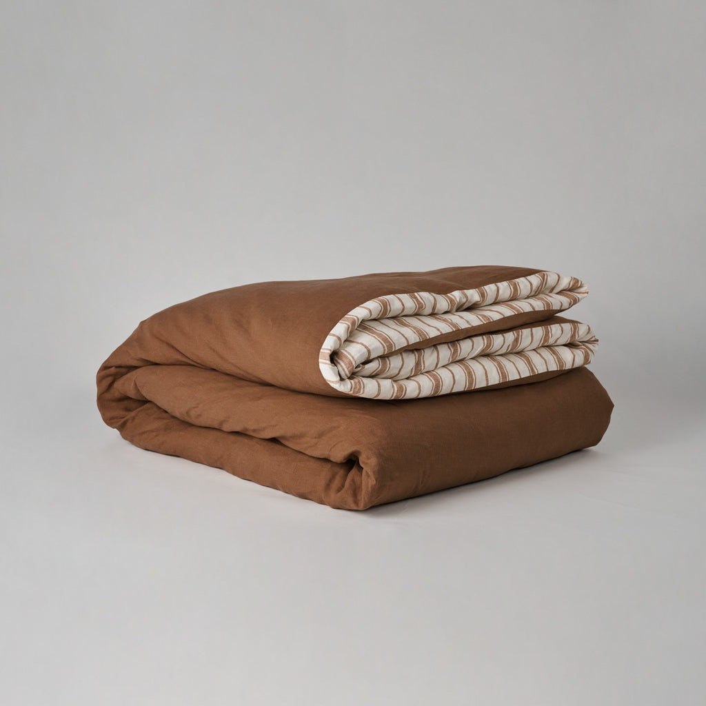 French Flax Linen Double Sided Quilt Cover in Hazelnut/Hazelnut Stripe ...