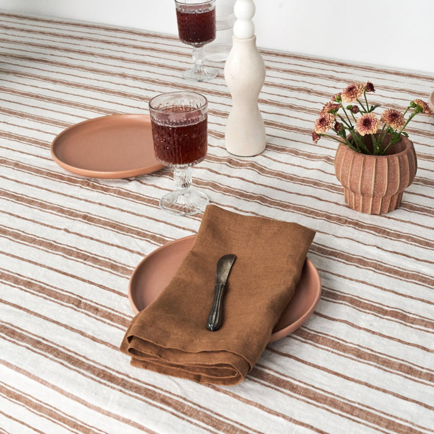 French Flax Linen Table Cloth in Hazelnut Stripe – I Love Linen