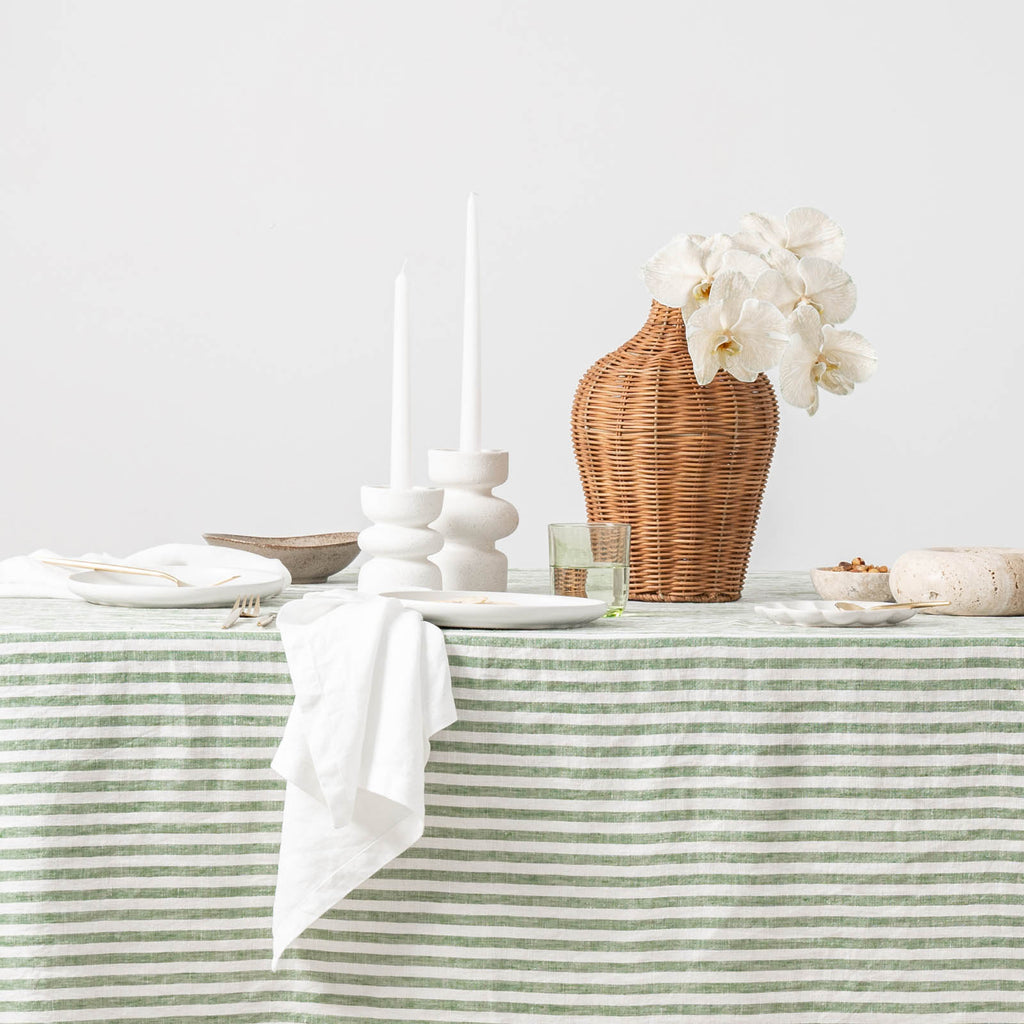 French Flax Linen Table Cloth in Ivy Stripe – I Love Linen