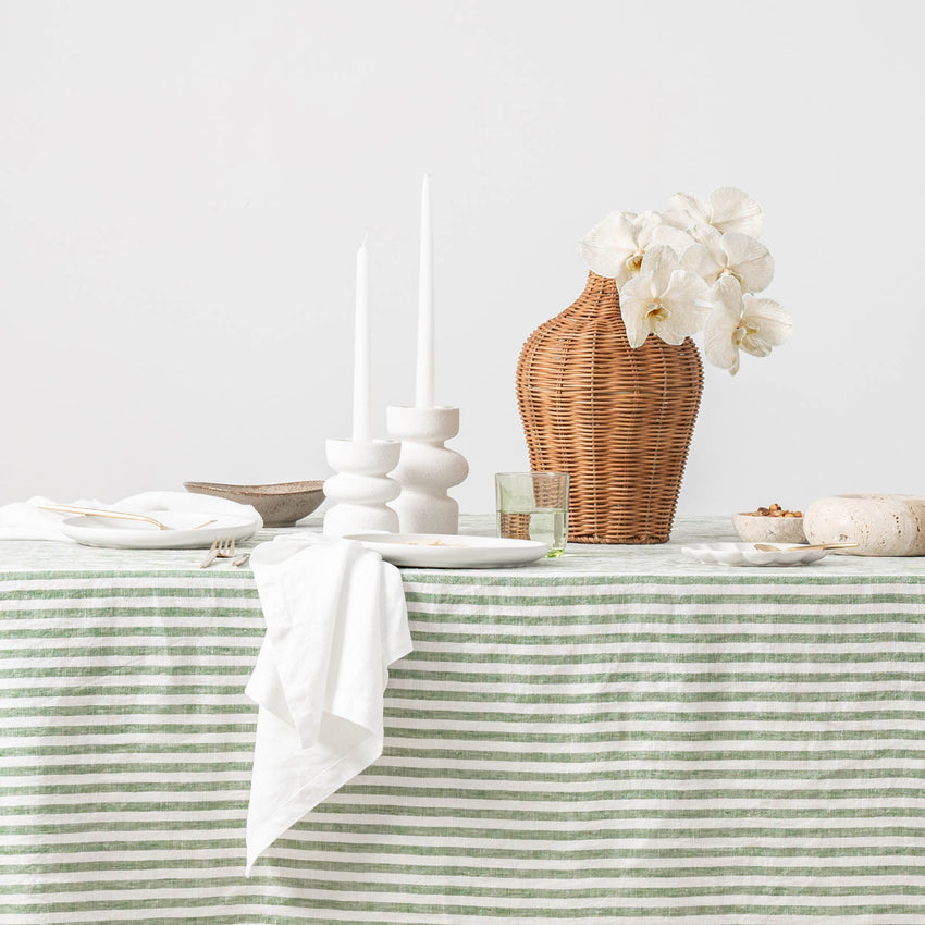 French Flax Linen Table Cloth in Ivy Stripe – I Love Linen