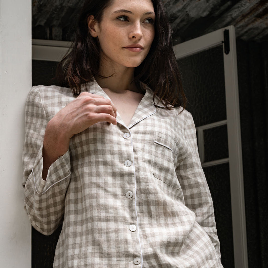 French Flax Linen Pyjama Set in Beige Gingham – I Love Linen