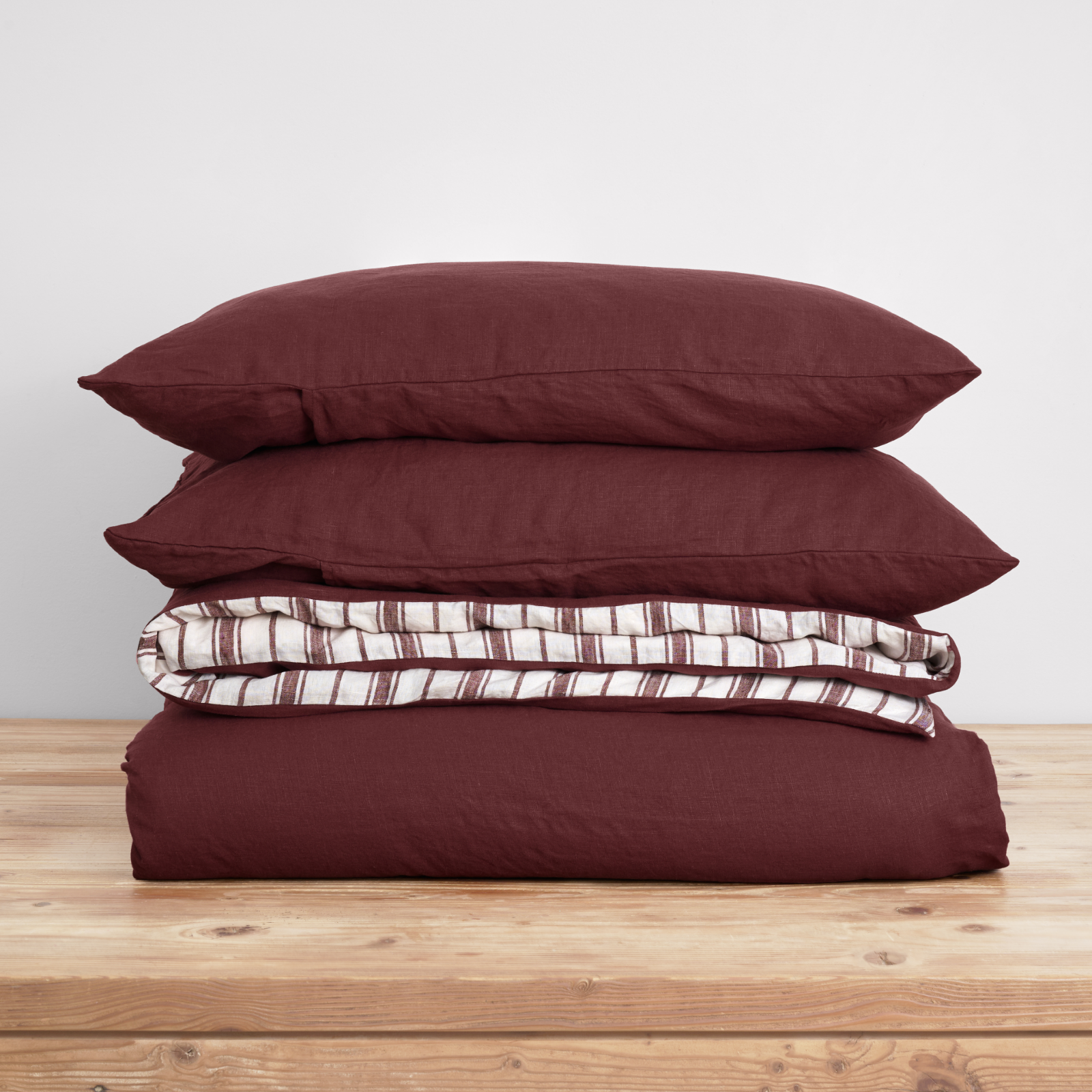 French Flax Linen Double Sided Quilt Cover Set in Cherrywood/Cherrywoo ...