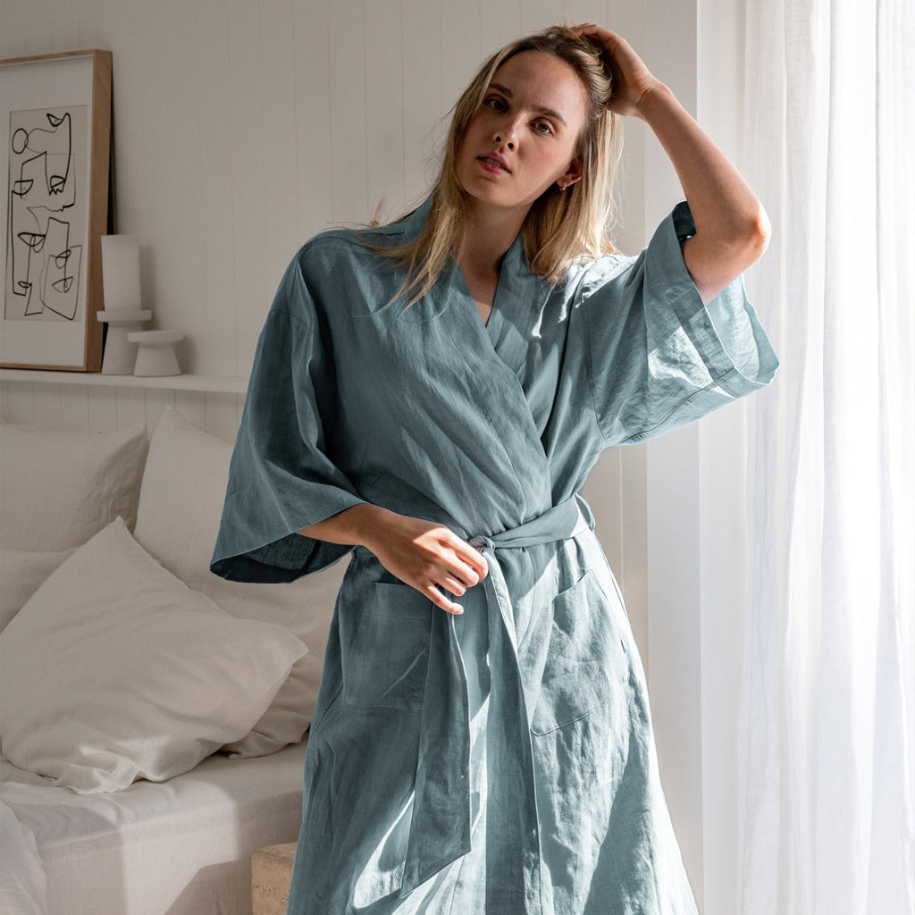 French Flax Linen Robe in Marine Blue – I Love Linen