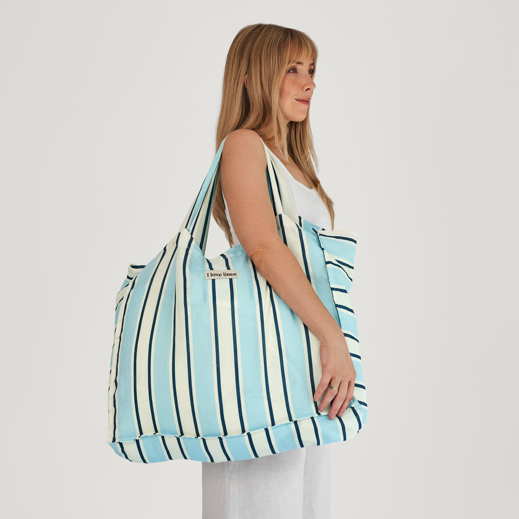 French Flax Linen Carry All Bag in Blue Stripe – I Love Linen