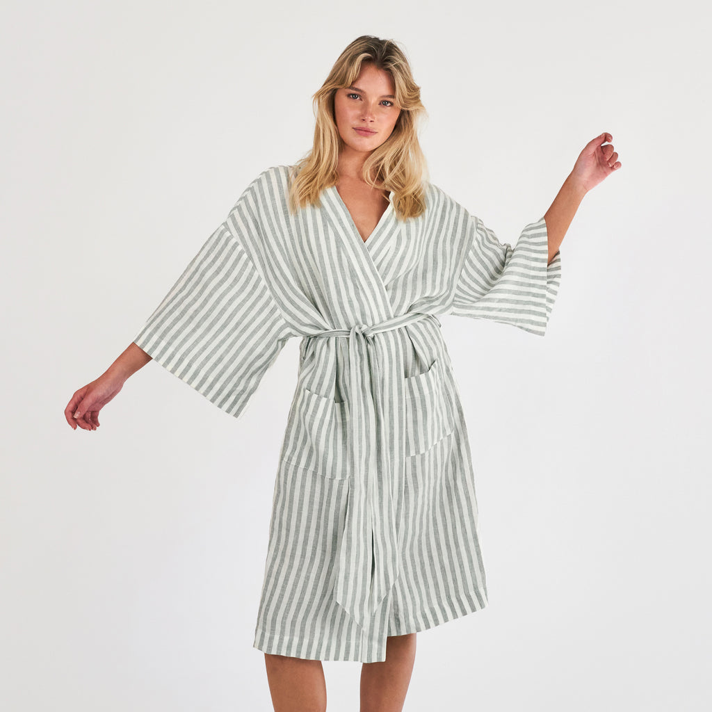French Flax Linen Robe in Sage Stripe – I Love Linen