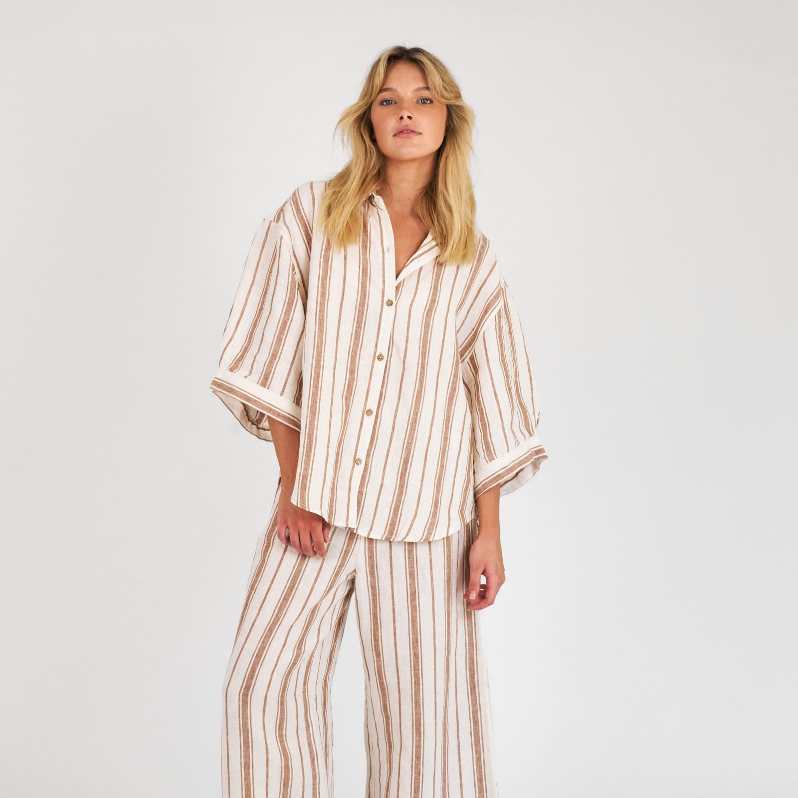 French Flax Linen Ruby Lounge Set in Hazelnut Stripe – I Love Linen