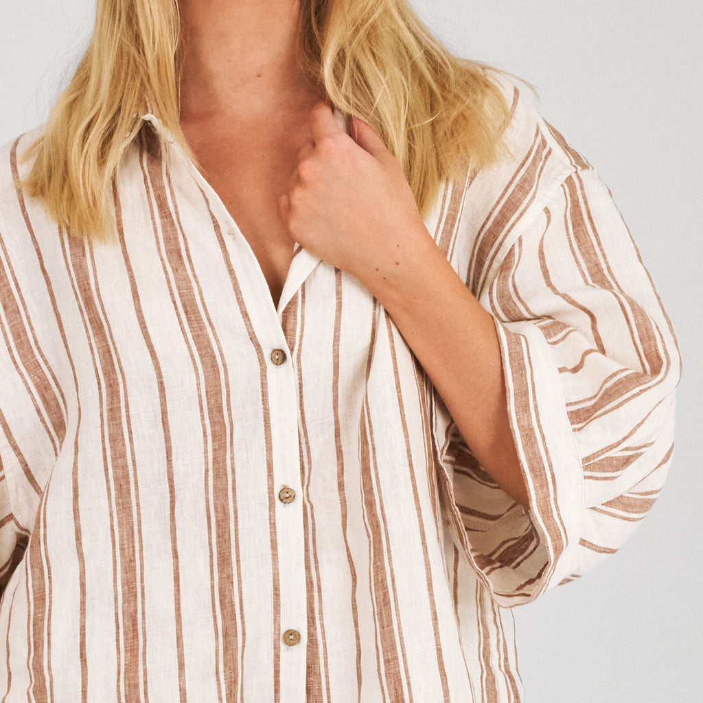 French Flax Linen Ruby Shirt in Hazelnut Stripe – I Love Linen
