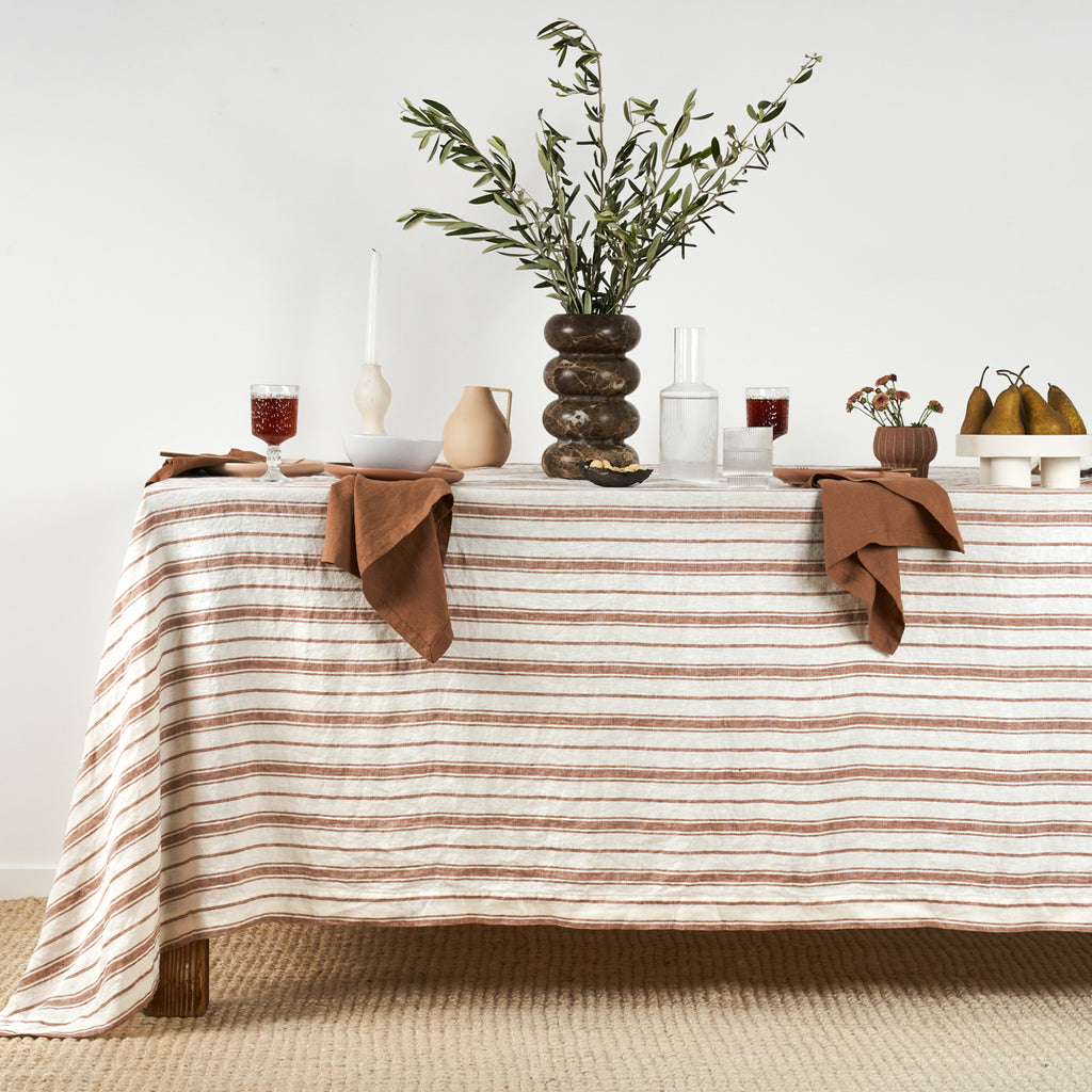 French Flax Linen Table Cloth in Hazelnut Stripe – I Love Linen