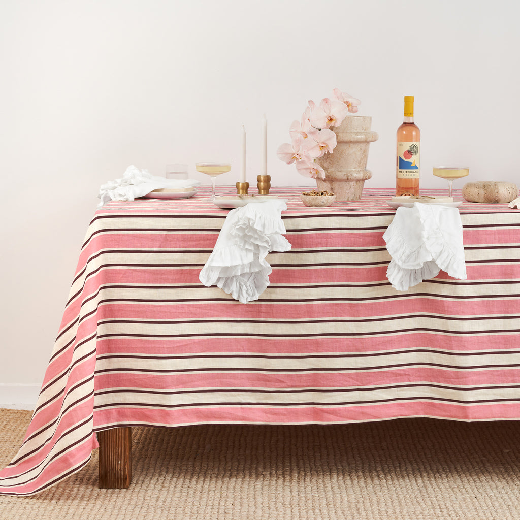 French Flax Linen Table Cloth in Pink Stripe – I Love Linen