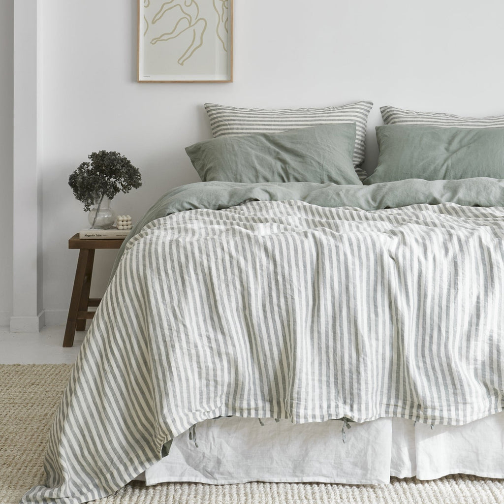 French Flax Linen Double Sided Quilt Cover in Sage/Sage Stripe – I Love ...