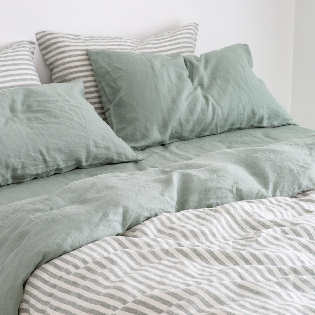 French Flax Linen Double Sided Quilt Cover in Sage/Sage Stripe – I Love ...